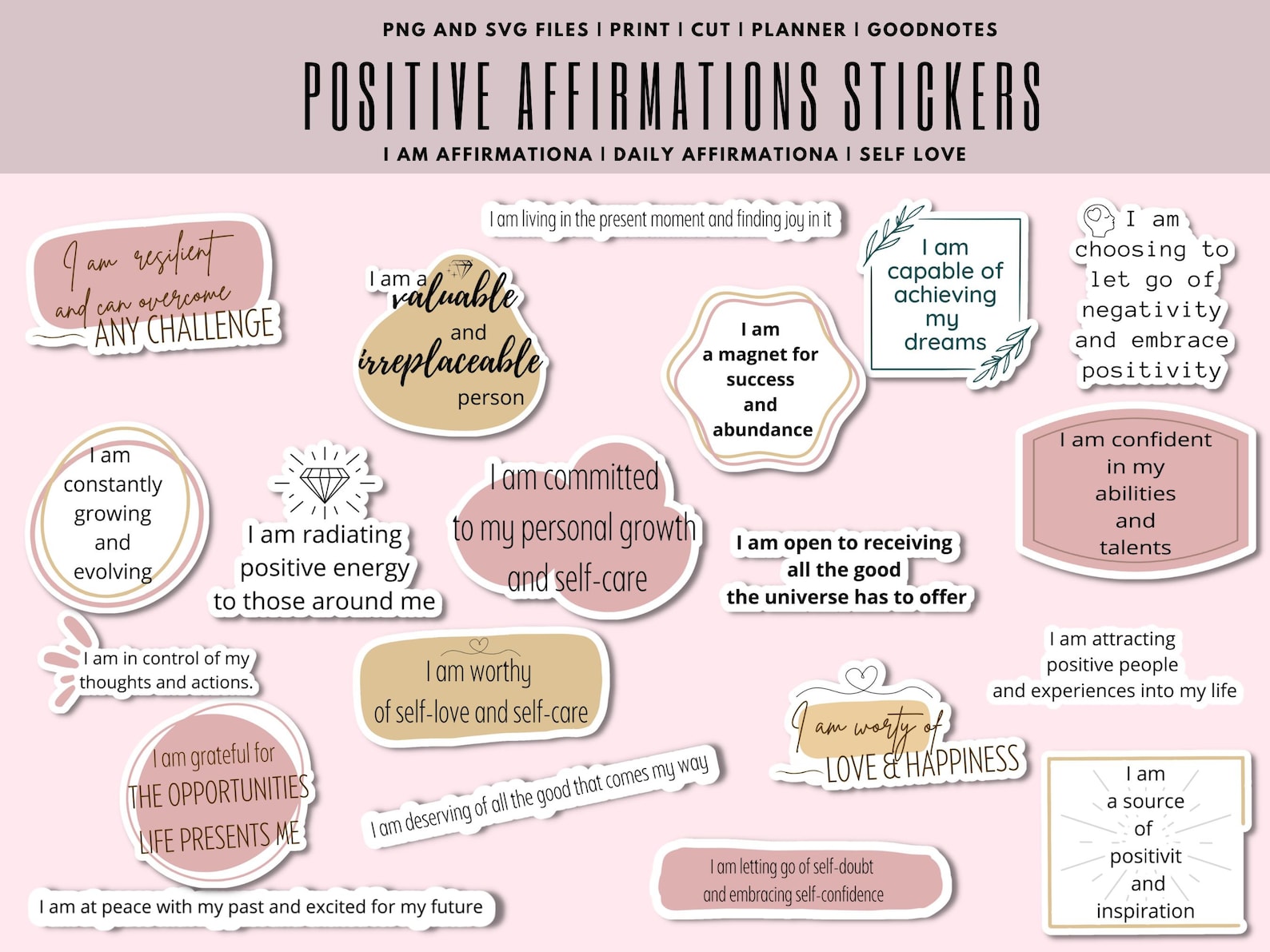 Positive Affirmation Stickers Pack, Digital Daily Affirmations, I Am ...