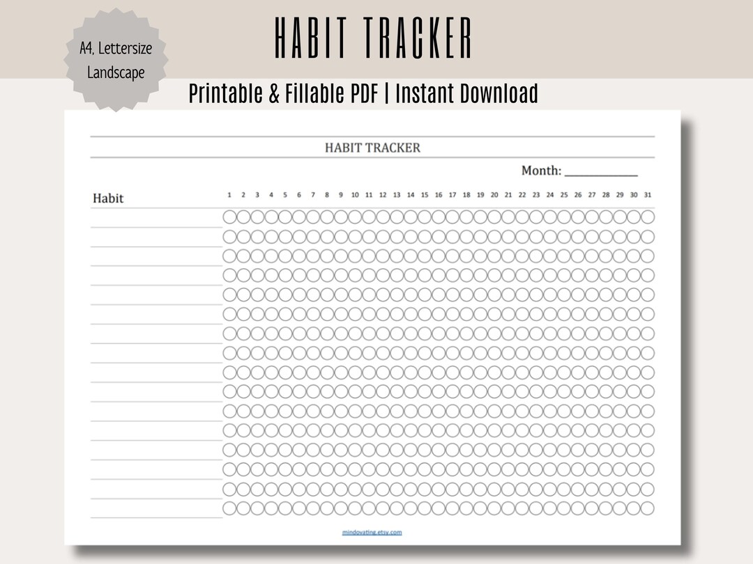 Monthly Habit Tracker Printable: A4/letter Landscape (instant Download ...