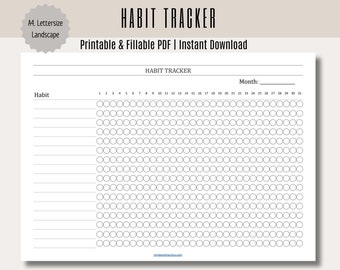 Monthly Habit Tracker Printable Landscape, Habit Tracker Template ...