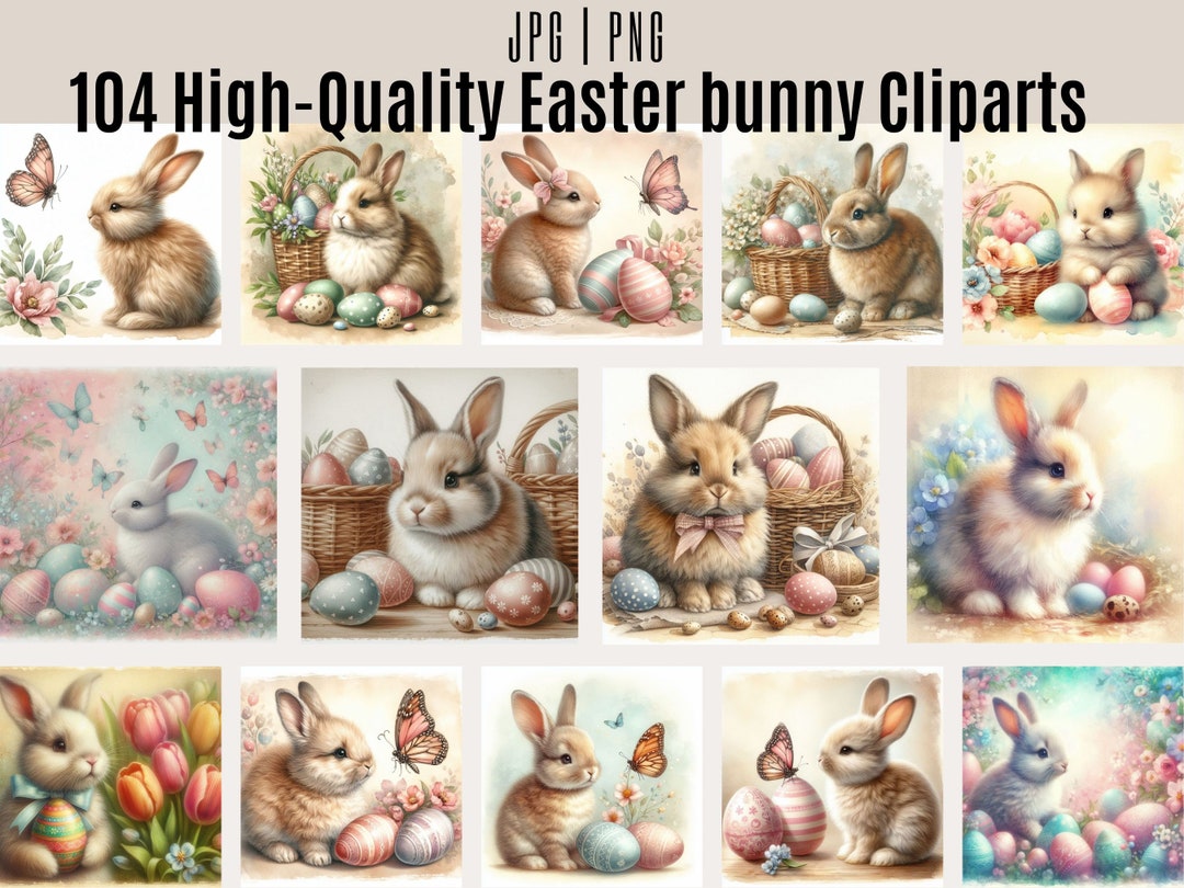 Watercolor Easter Bunny Clipart Bundle: 104 PNG & JPG Images (digital ...