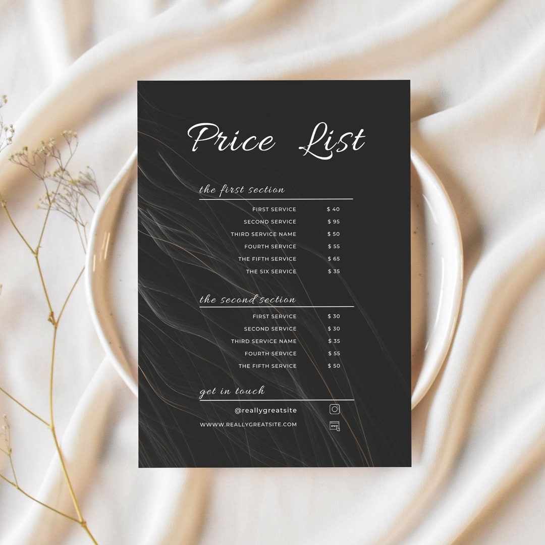 Price List Template Black Small Business Price List Canva - Etsy