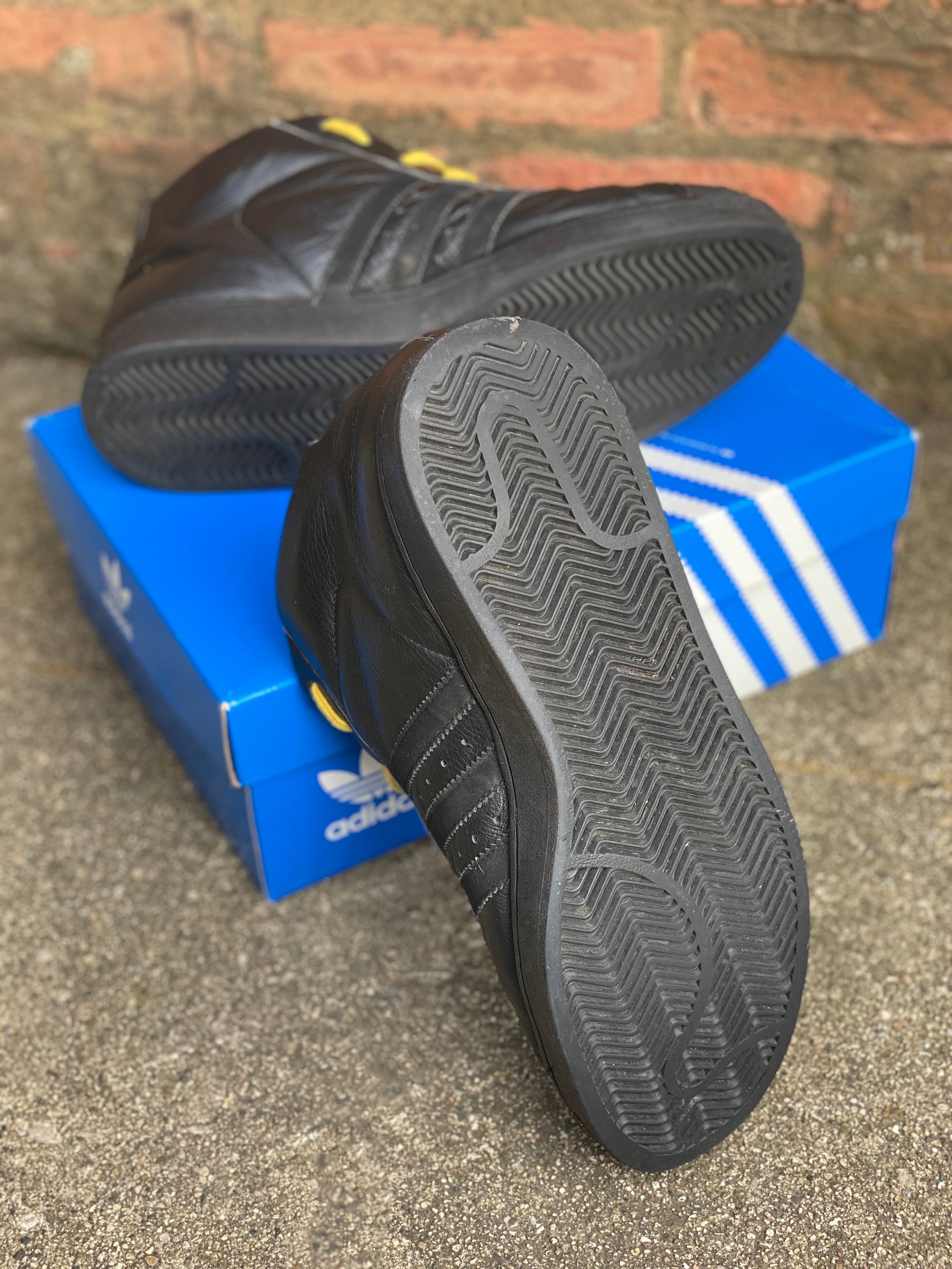 Vintage Adidas Shell Toe Mid-tops, Black Adidas Sneakers, Yellow Laces ...