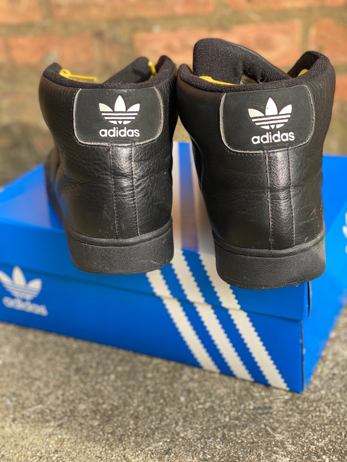 Vintage Adidas Shell Toe Mid-tops, Black Adidas Sneakers, Yellow Laces ...