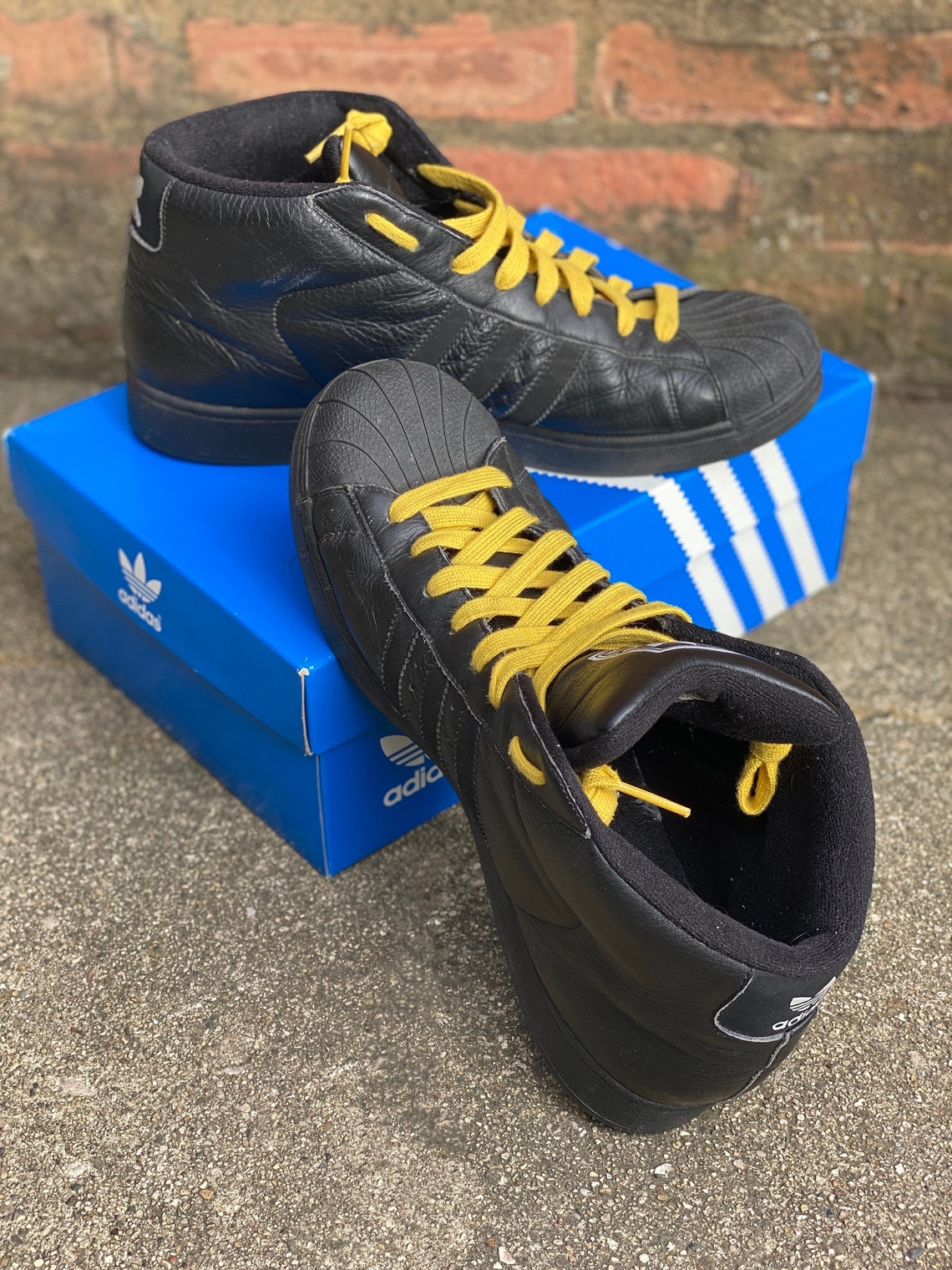 Vintage Adidas Shell Toe Mid-tops, Black Adidas Sneakers, Yellow Laces ...