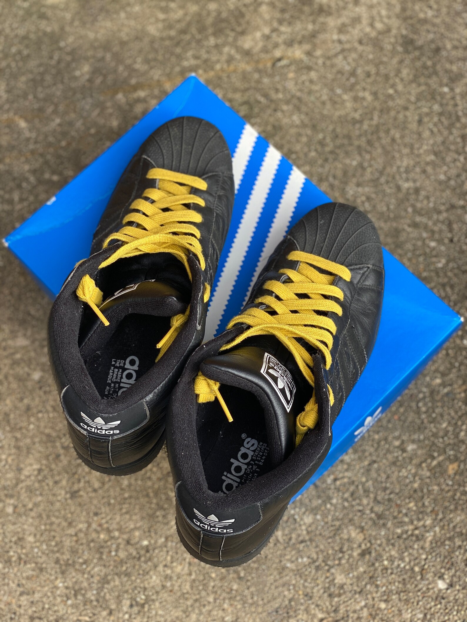 Vintage Adidas Shell Toe Mid-tops, Black Adidas Sneakers, Yellow Laces ...