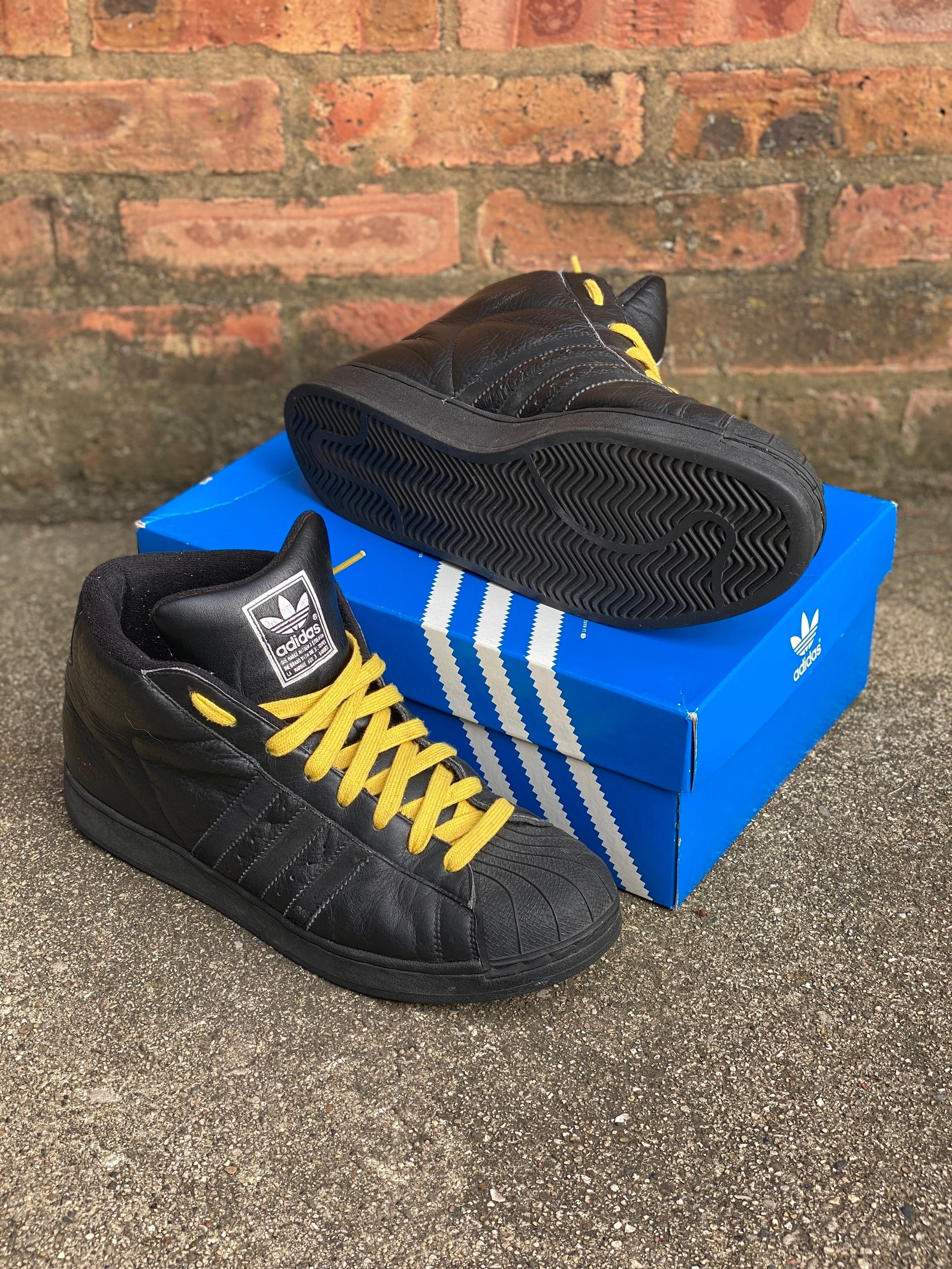 Vintage Adidas Shell Toe Mid-tops, Black Adidas Sneakers, Yellow Laces ...