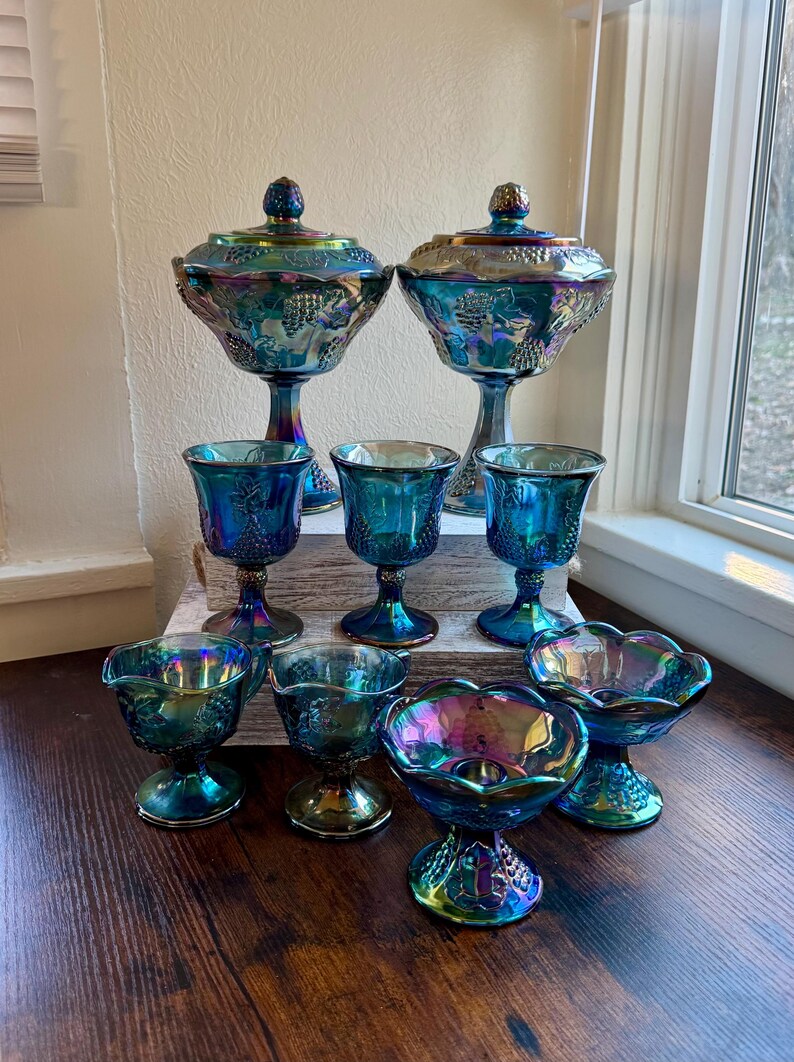 Vintage Indiana Glass Compote Candy Dish Harvest Grape Blue Carnival ...