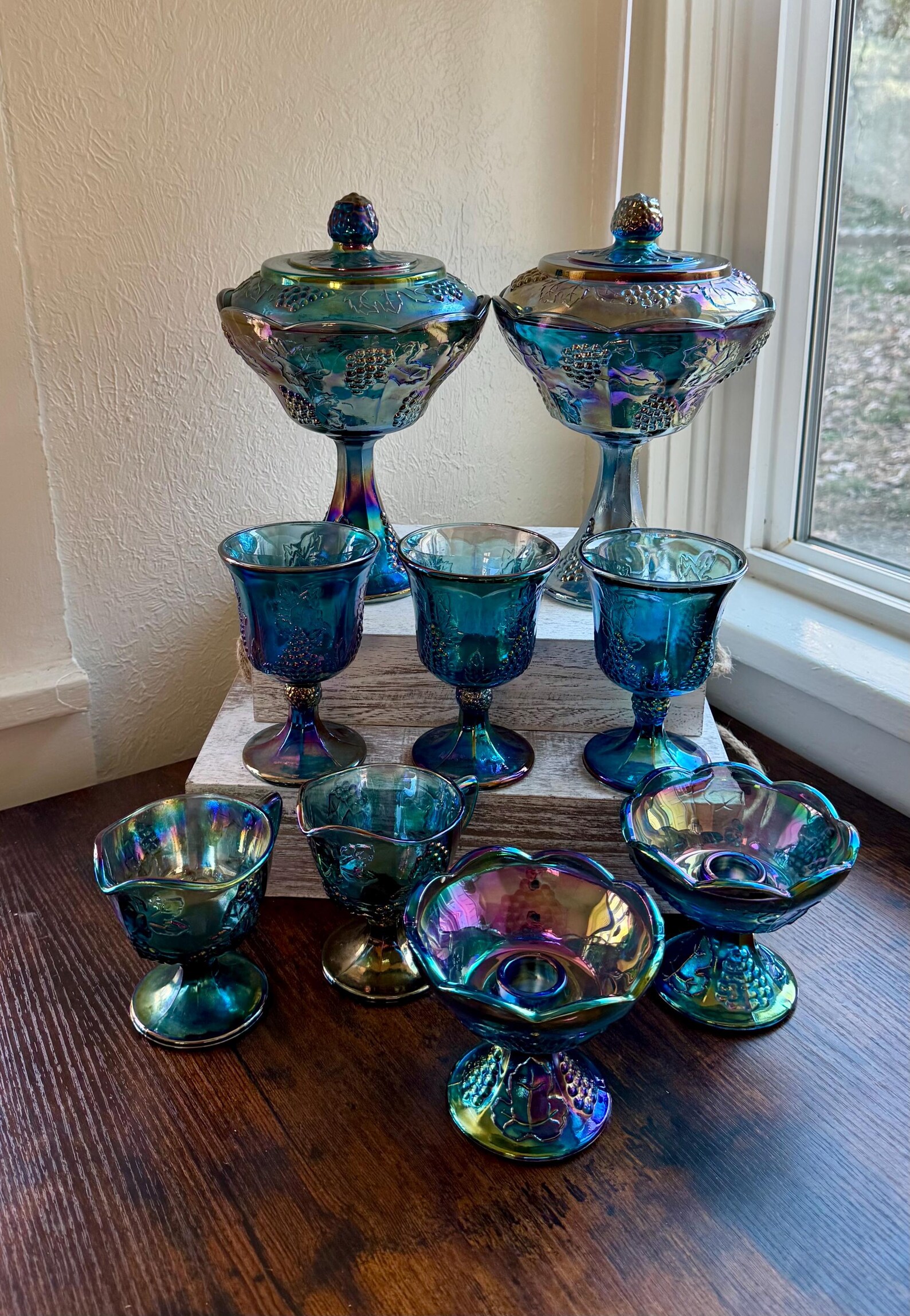 Vintage Indiana Glass Compote Candy Dish Harvest Grape Blue Carnival ...