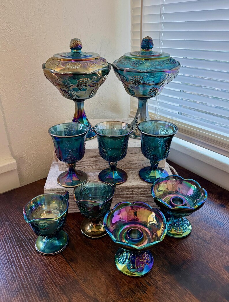 Vintage Indiana Glass Compote Candy Dish Harvest Grape Blue Carnival ...