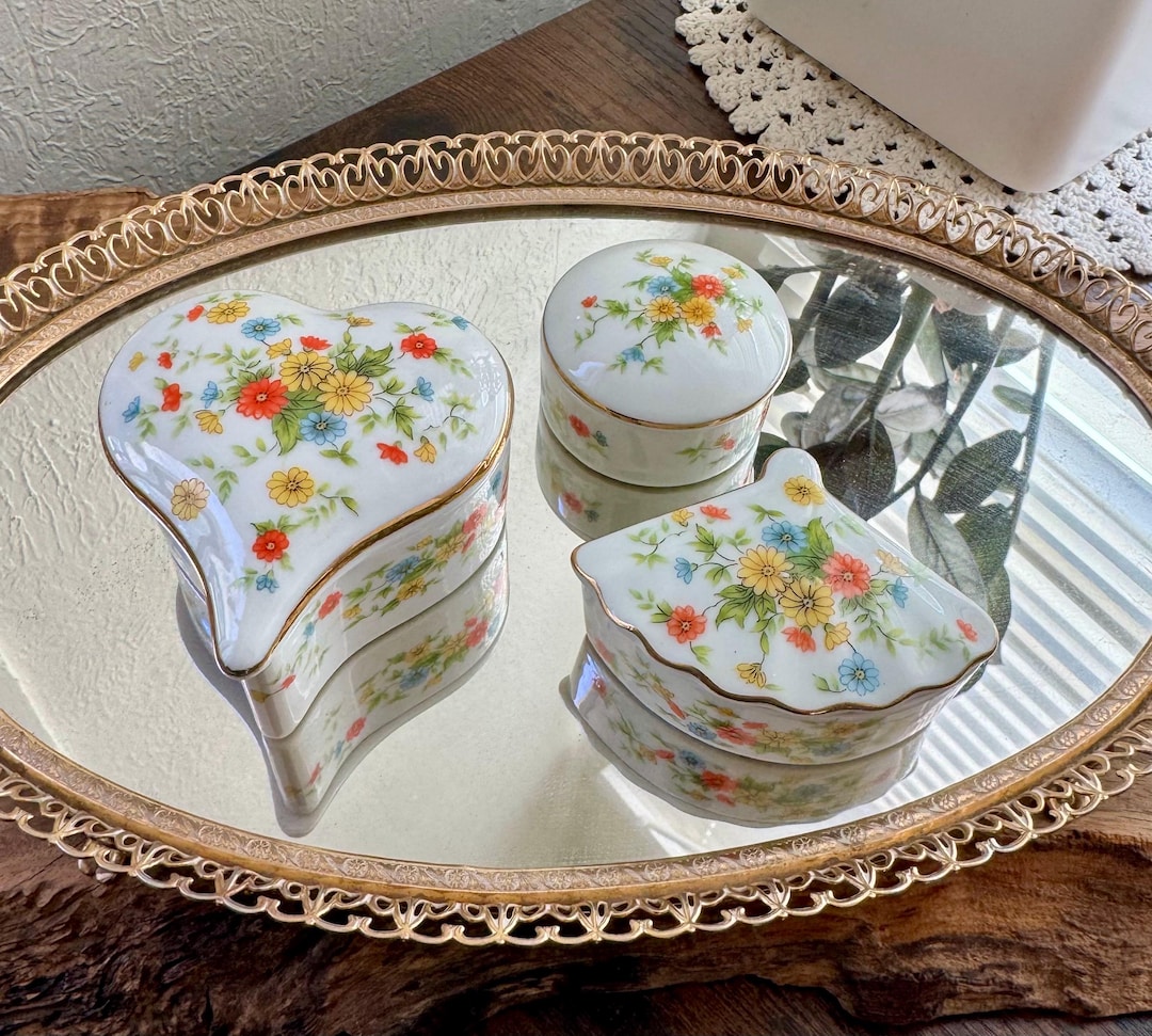 Vintage Lefton China Trinket Boxes Set Floral Hand Painted Heart Round ...
