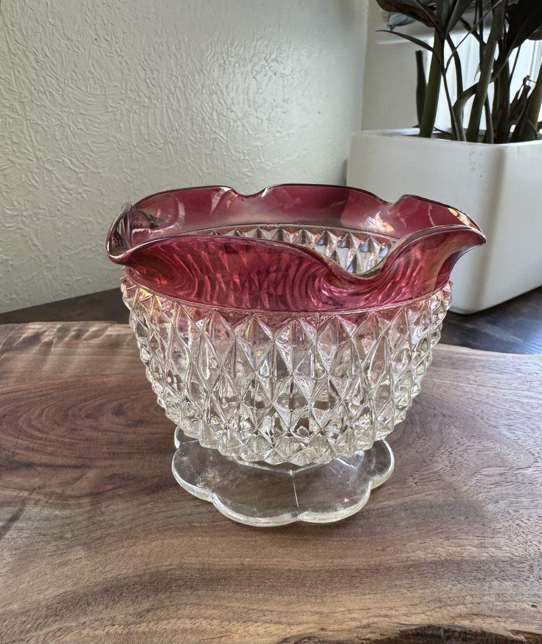 Vintage Indiana Glass Ruby Red Flash Diamond Point Candlestick Holder ...