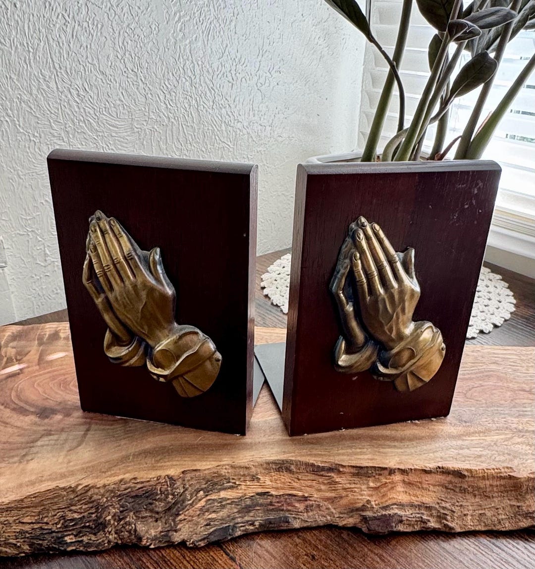 Vintage Praying Hands Christian Bookends Wood and Metal Standard ...