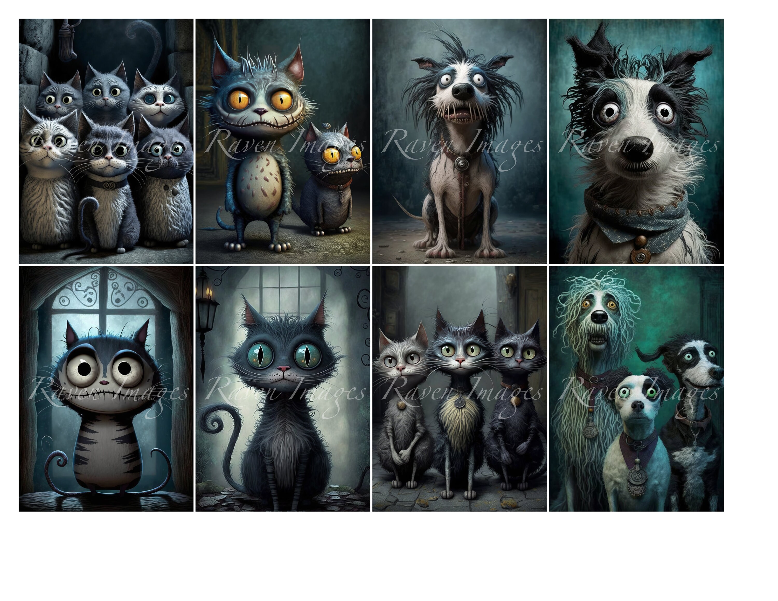 TIM BURTON Style Dogs and Cats Mega BUNDLE High Resolution, Wall Art ...