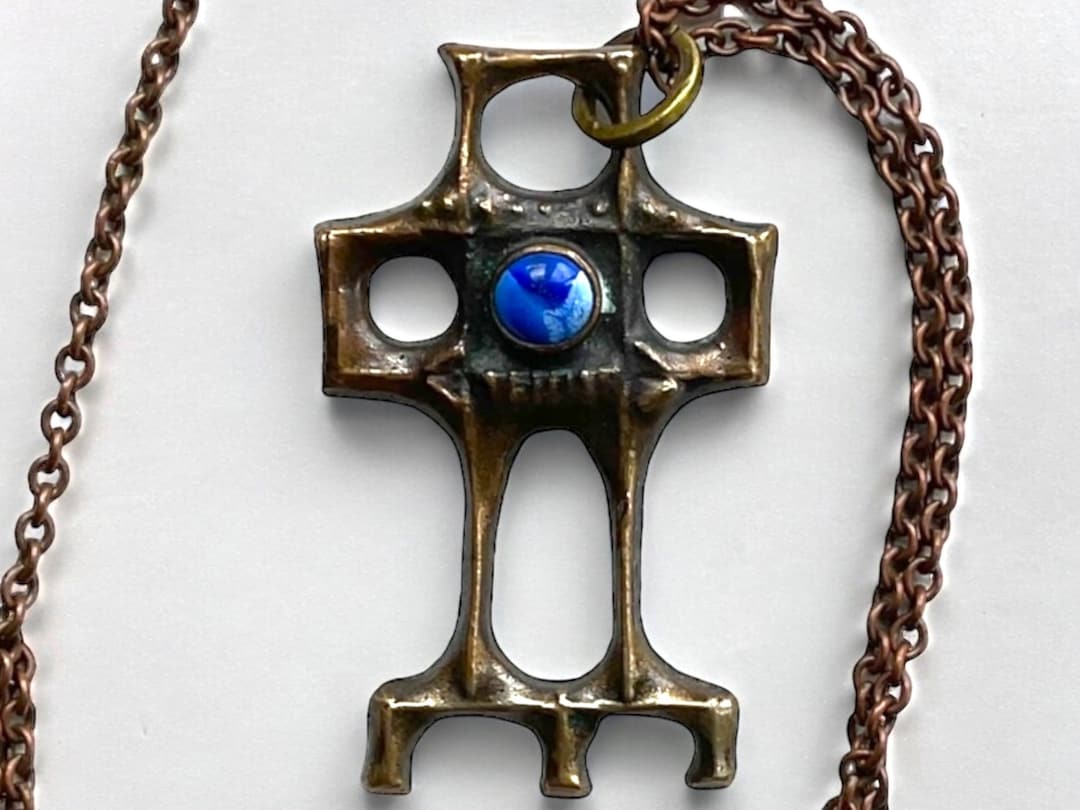Vintage József Péri Brutalist Brass Pendant: Cobalt Ruskin Enamel ...