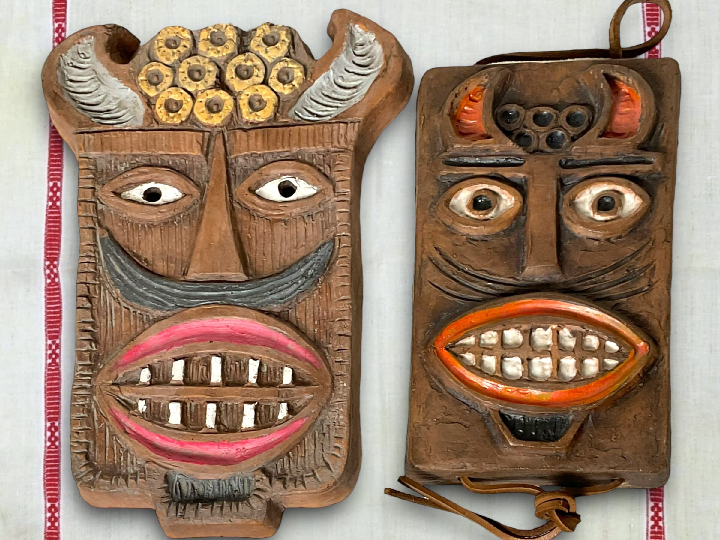 Unique Mid Century Hungarian Masks by Mária Kovács Wall Art Set Vintage ...