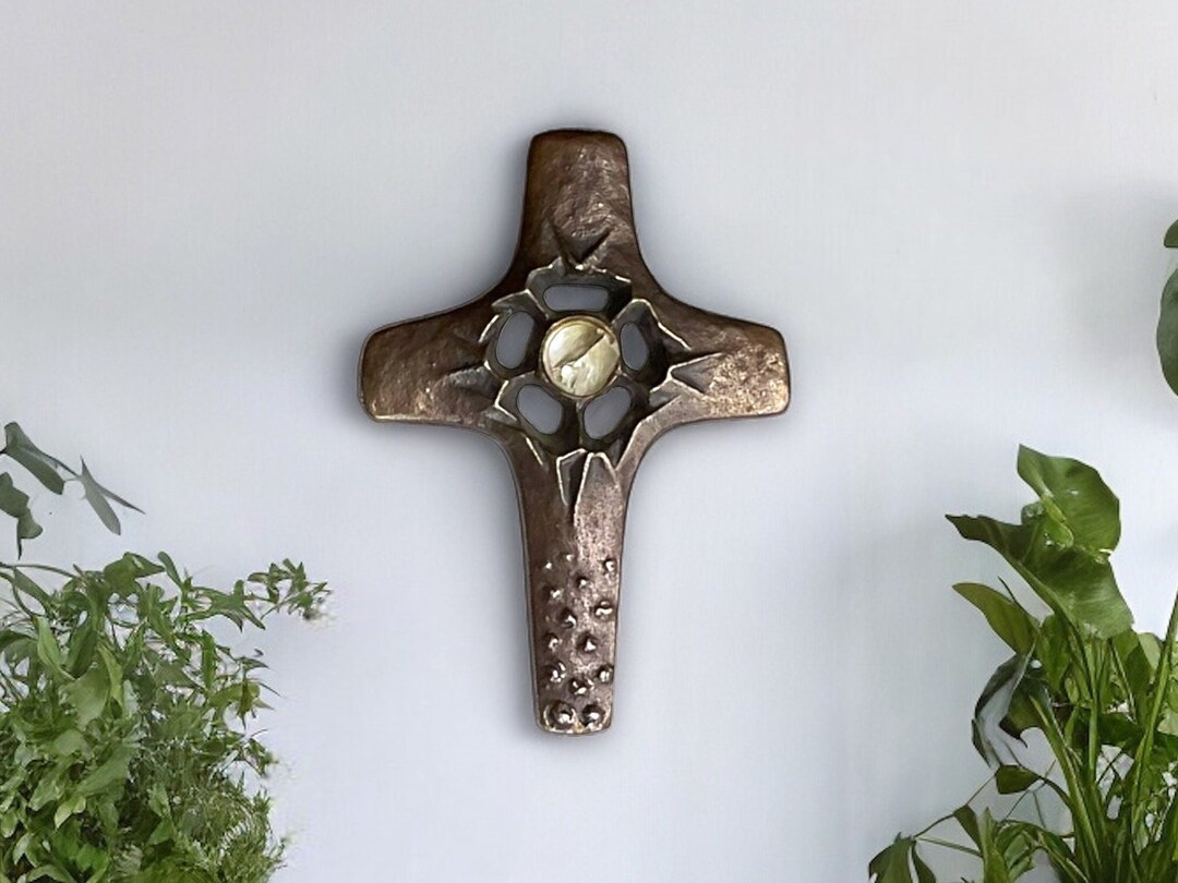 Vintage Brutalist Cross With Crystal Rock Glass Modernist Hanging Wall ...
