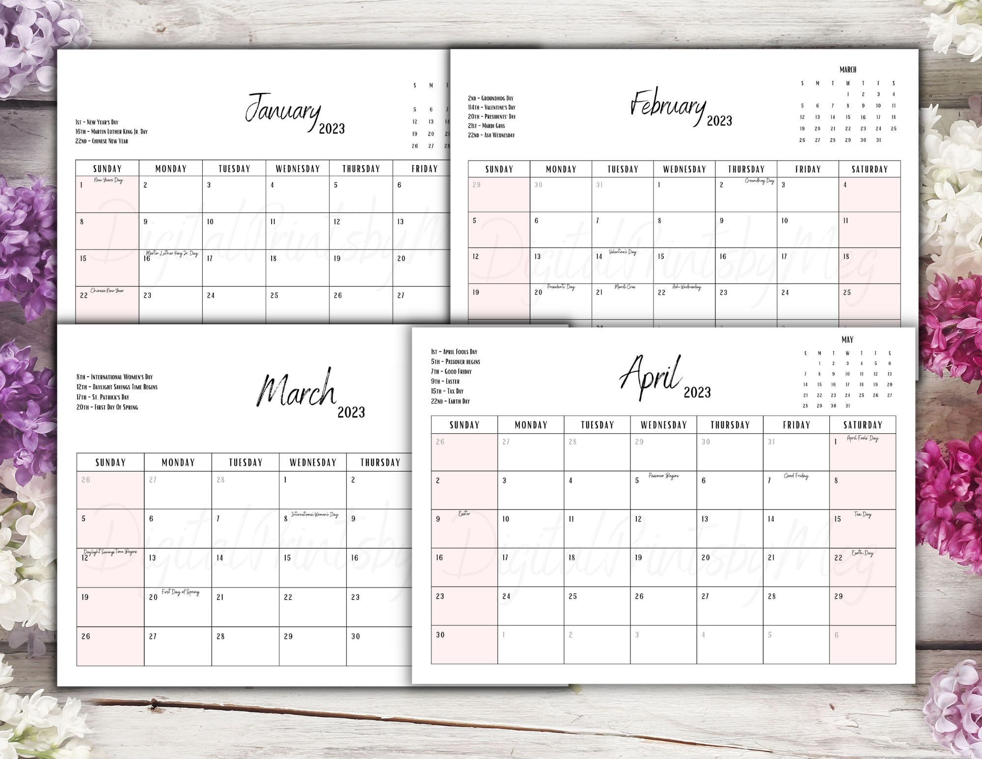 2023 Pink Monthly Calendar Printable: Horizontal Holiday Planner (PDF ...