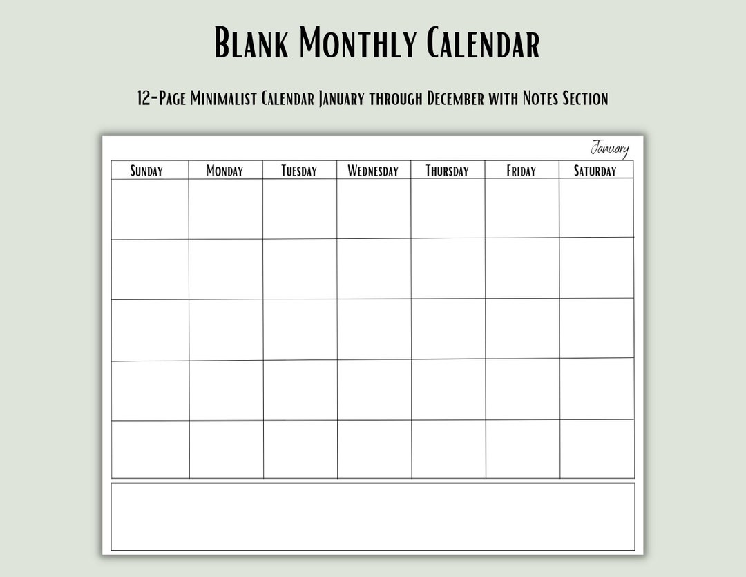 12 Page Simple Blank Minimalist Monthly Calendar Printable With Notes ...