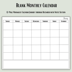12 Page Simple Blank Minimalist Monthly Calendar Printable With Notes ...