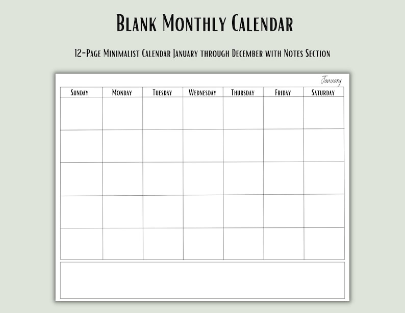 12 Page Simple Blank Minimalist Monthly Calendar Printable With Notes ...