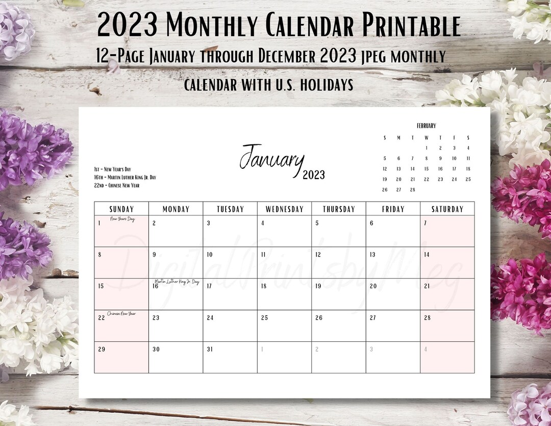 2023 Pink Monthly Calendar Printable: Horizontal Holiday Planner (PDF ...