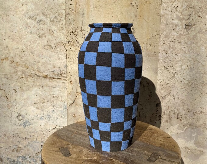 Black Ceramic Vase With Blue Checkers / Checkered Ceramic Vase - Etsy
