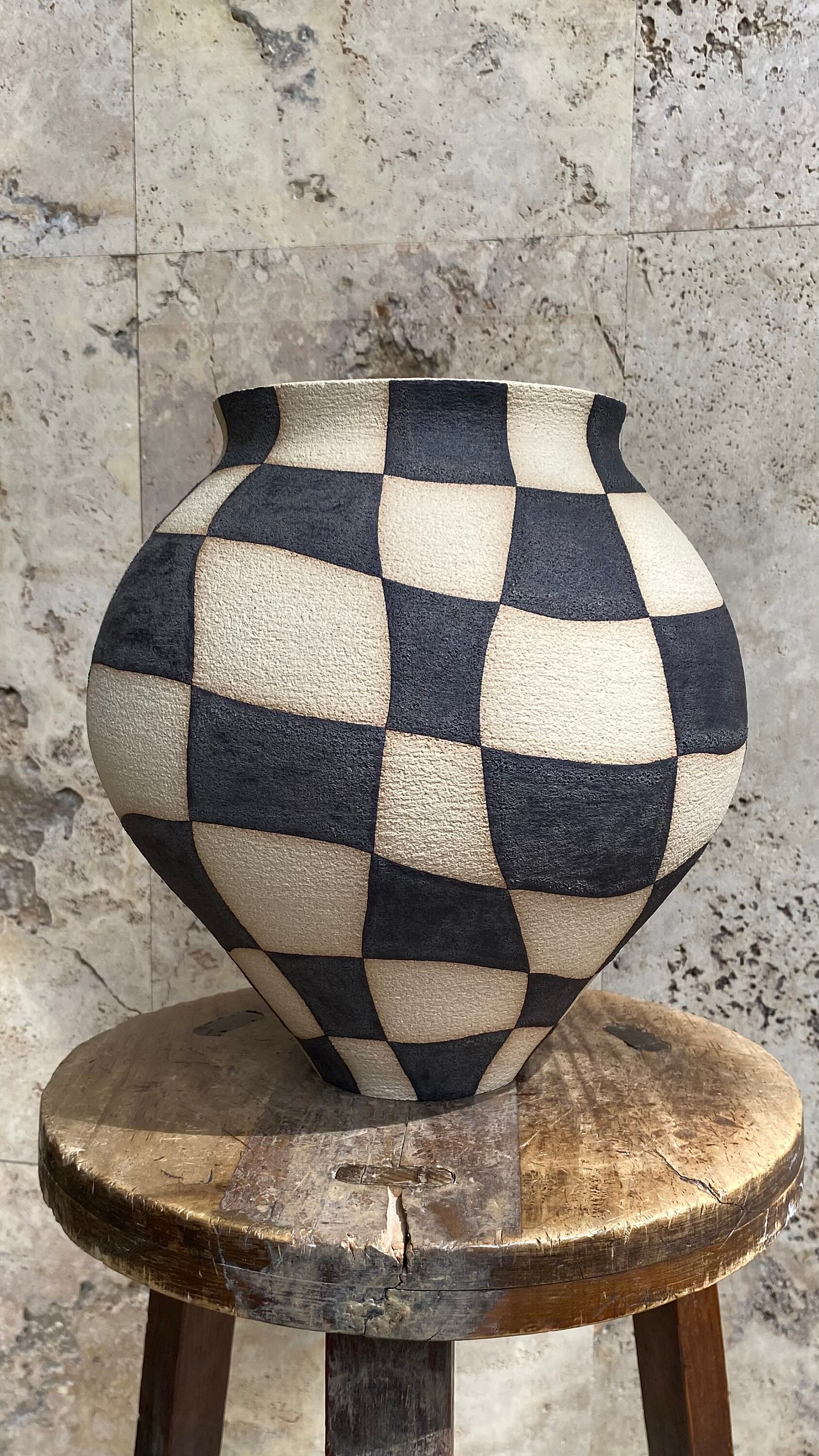 Checkered Ceramic Vase / Beige Ceramic Vase With Black Checkers - Etsy
