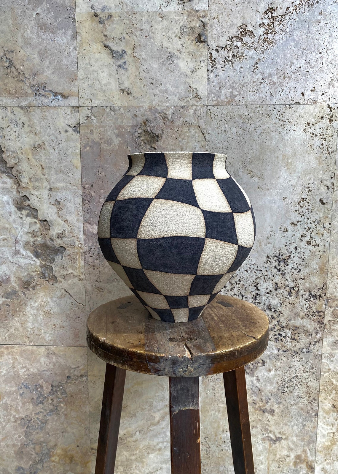 Checkered Ceramic Vase / Beige Ceramic Vase With Black Checkers - Etsy