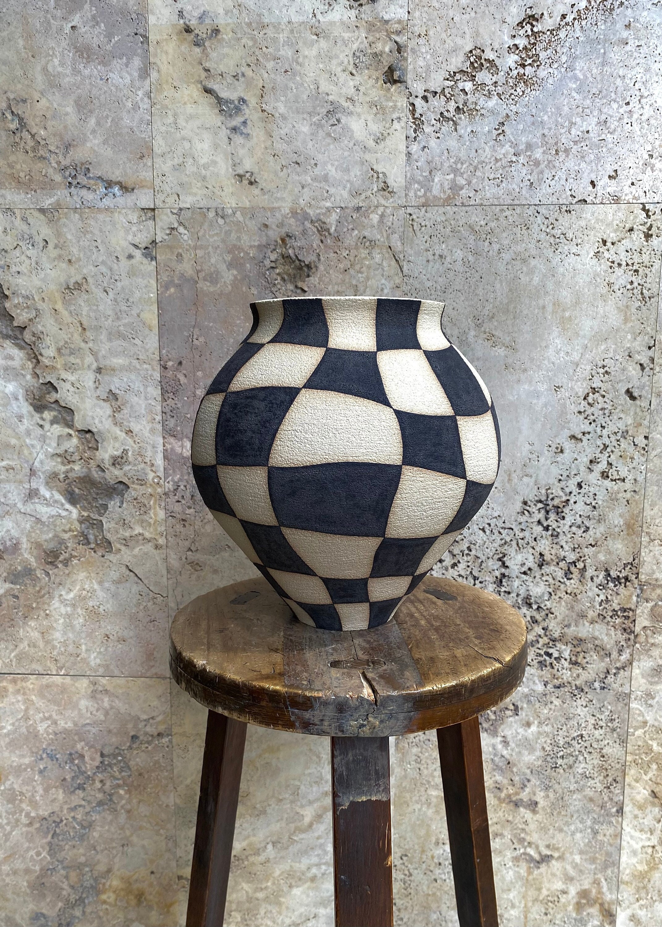 Checkered Ceramic Vase / Beige Ceramic Vase With Black Checkers - Etsy