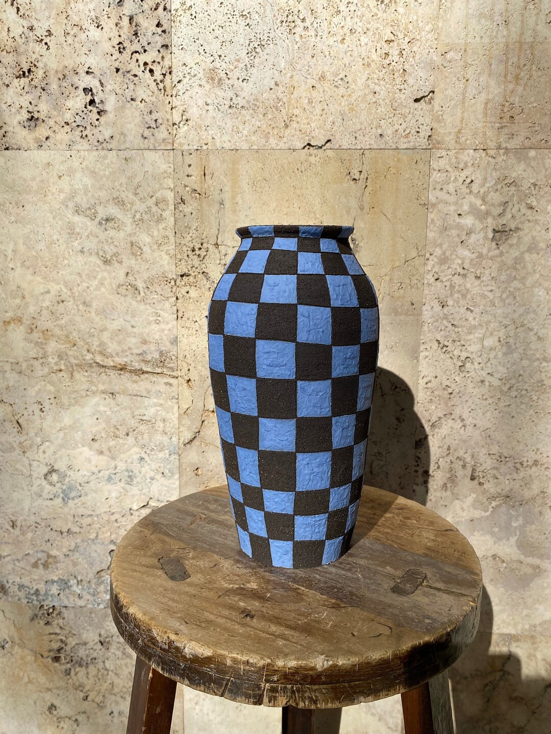 Black Ceramic Vase With Blue Checkers / Checkered Ceramic Vase - Etsy