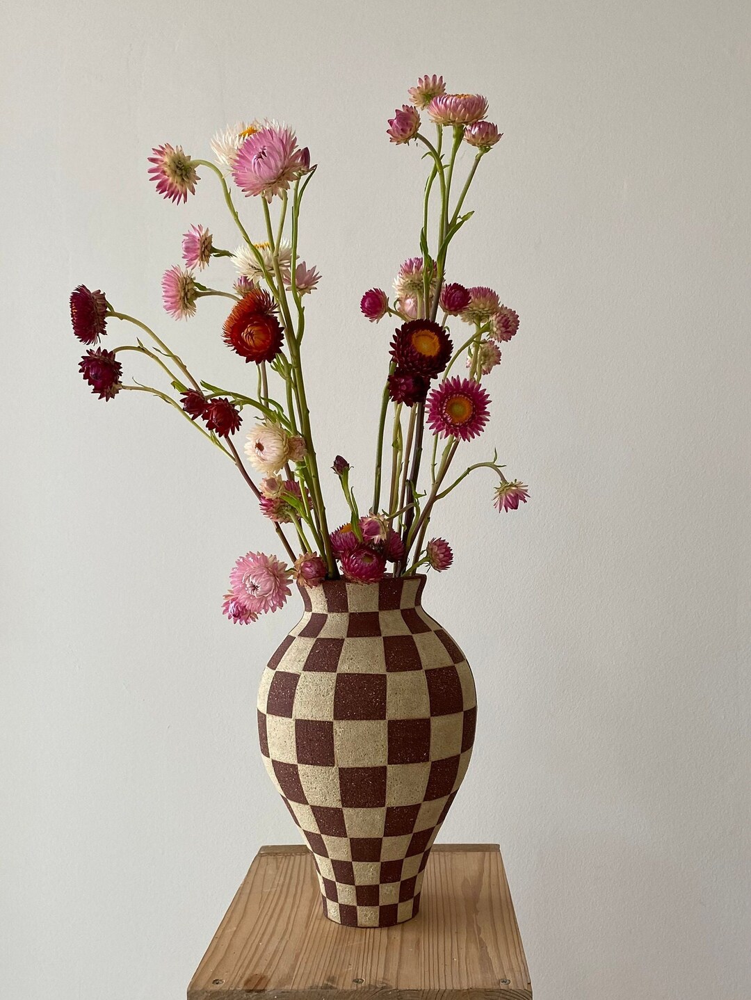 Checkered Ceramic Vase / Dark Red Ceramic Vase With Beige - Etsy