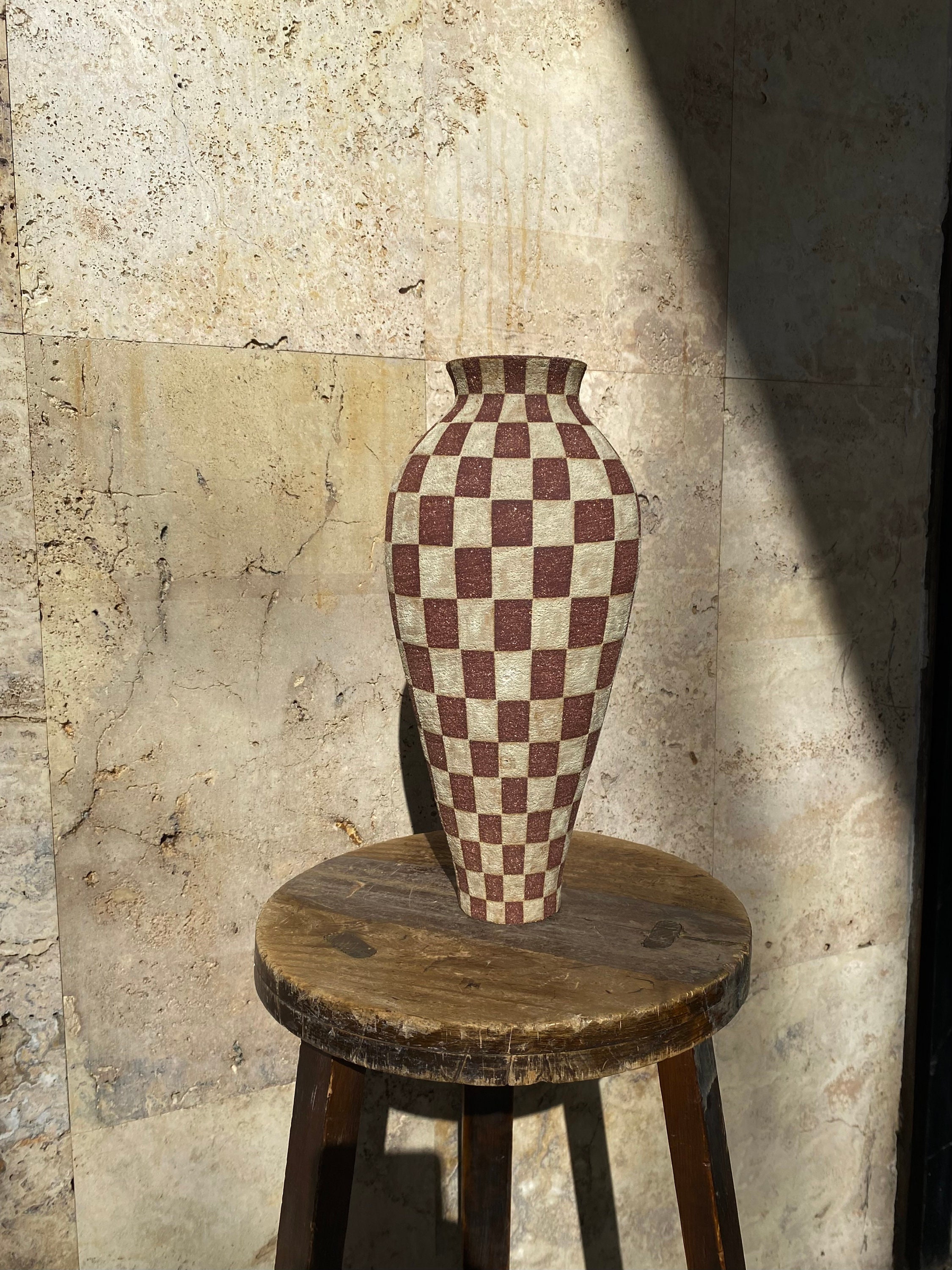 Dark Red Ceramic Vase With Beige Checkers / Checkered Ceramic Vase - Etsy