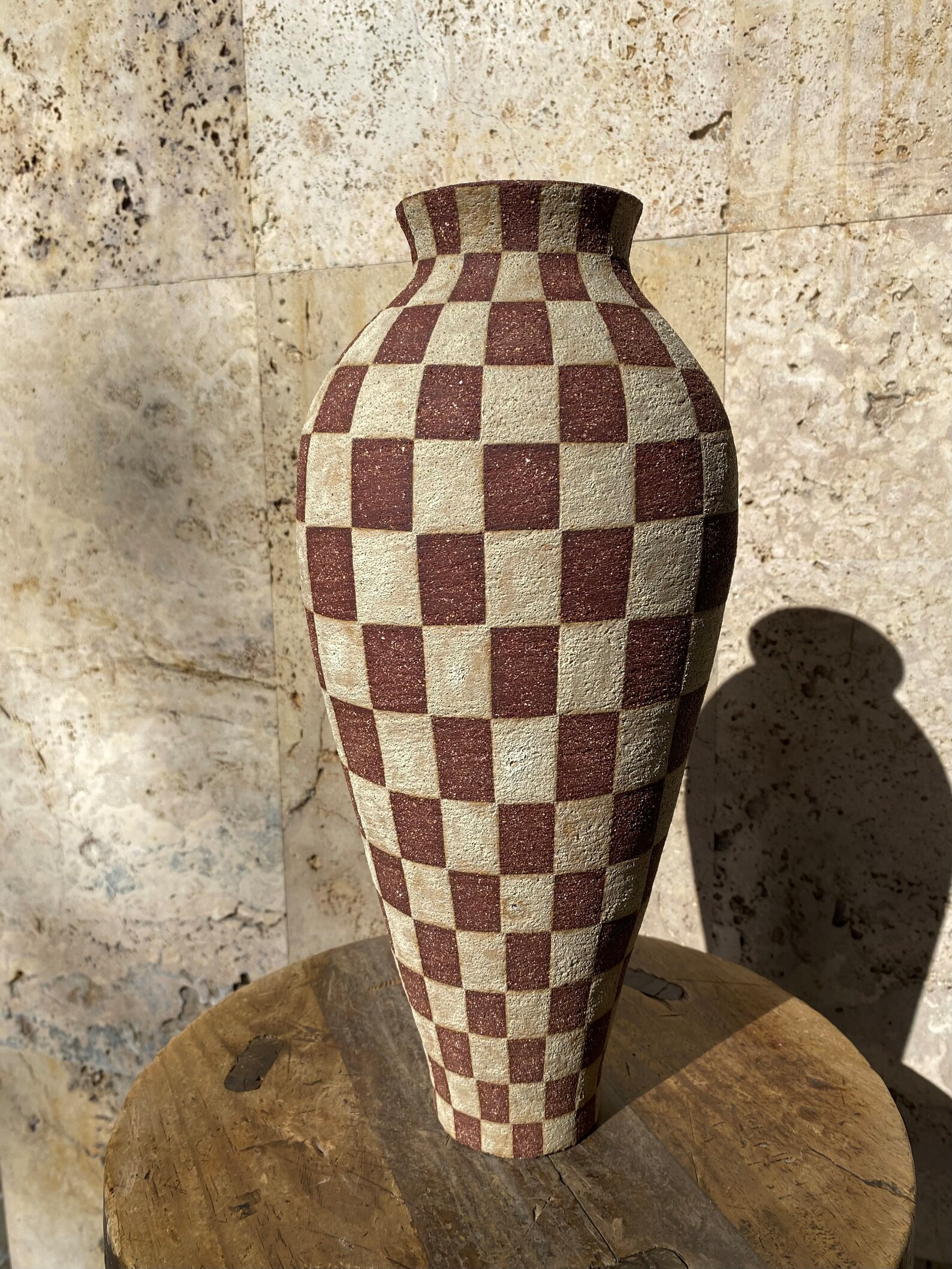 Dark Red Ceramic Vase With Beige Checkers / Checkered Ceramic Vase - Etsy