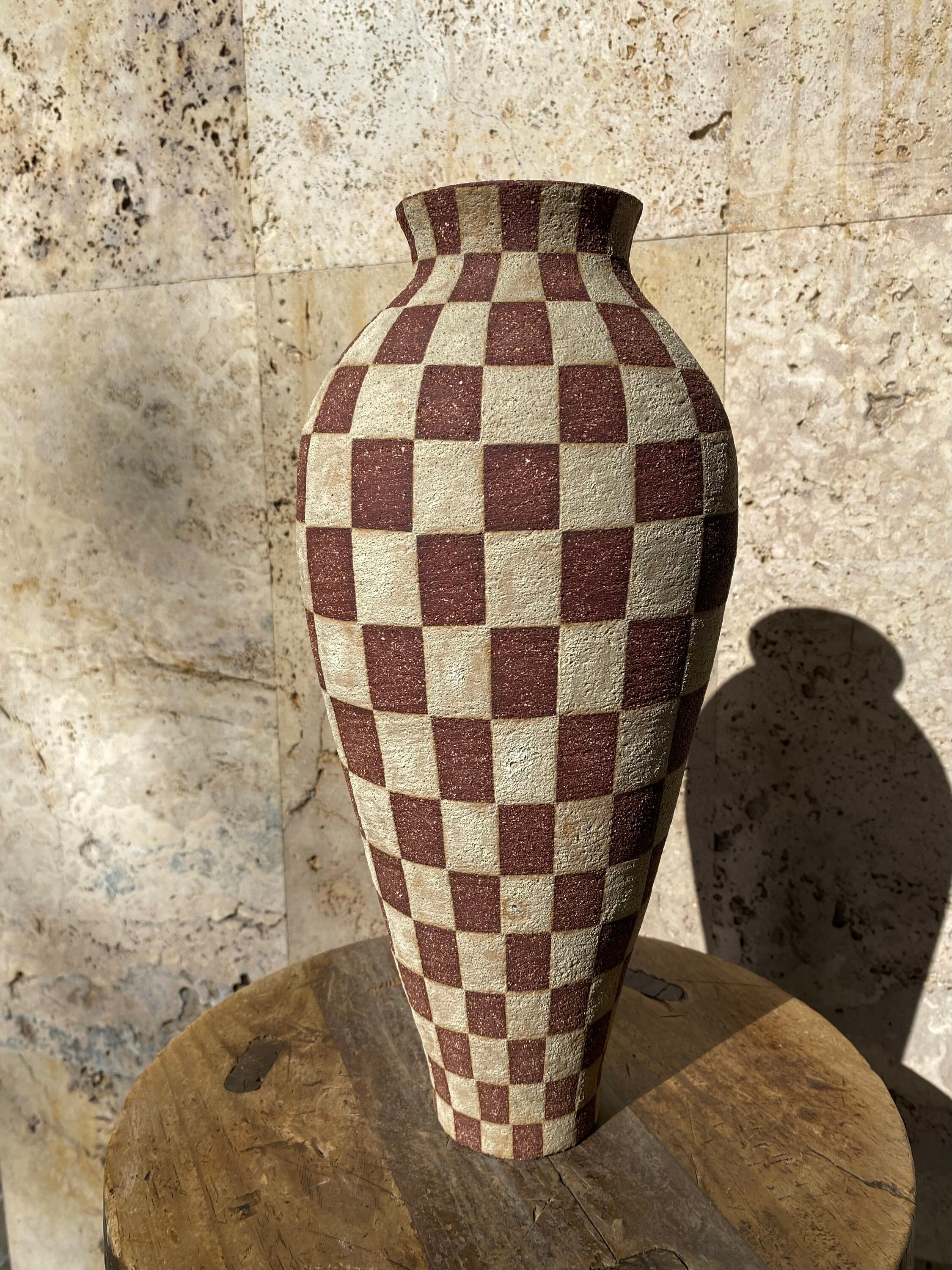 Dark Red Ceramic Vase With Beige Checkers / Checkered Ceramic Vase - Etsy
