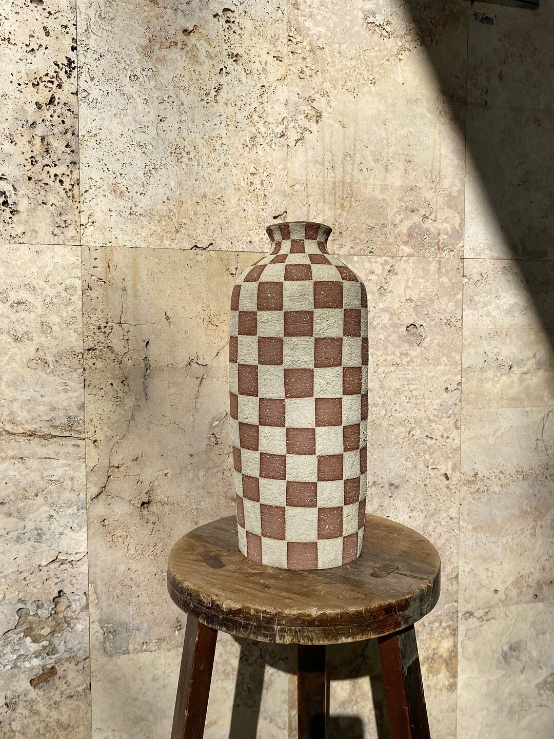 Checkered Ceramic Vase / Brown Ceramic Vase With Beige Checkers - Etsy