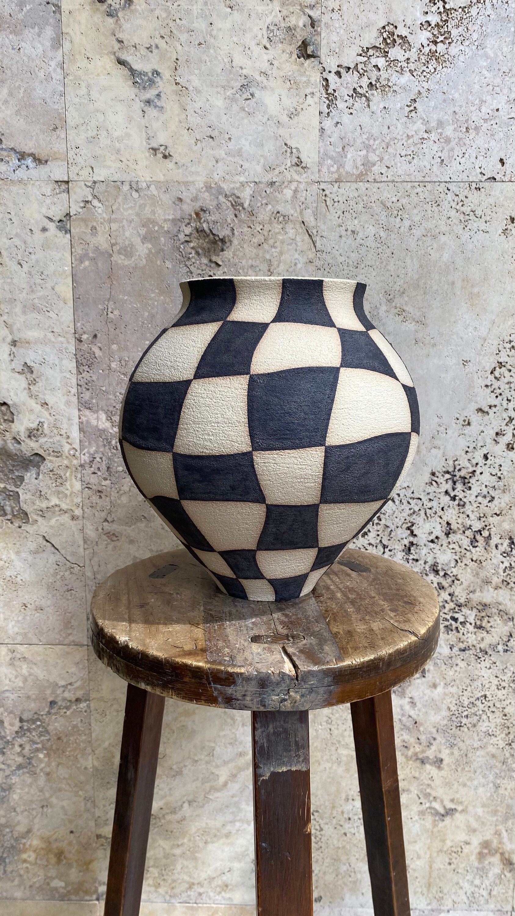 Checkered Ceramic Vase / Beige Ceramic Vase With Black Checkers - Etsy
