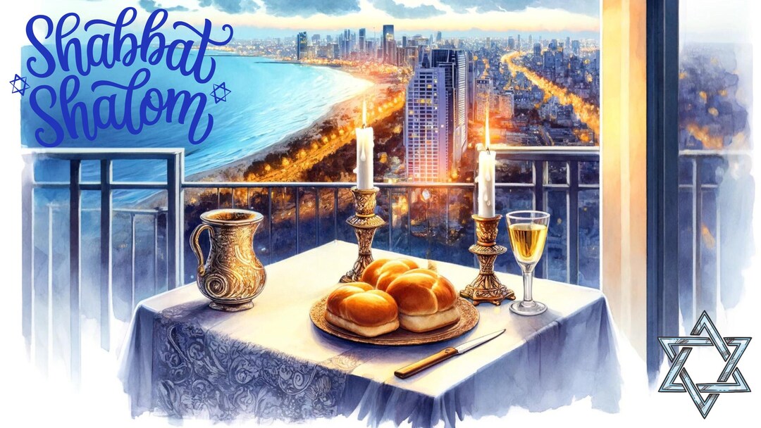 Shabbat Shalom Over Tel Aviv - 3-piece Watercolor Art Set for Samsung ...