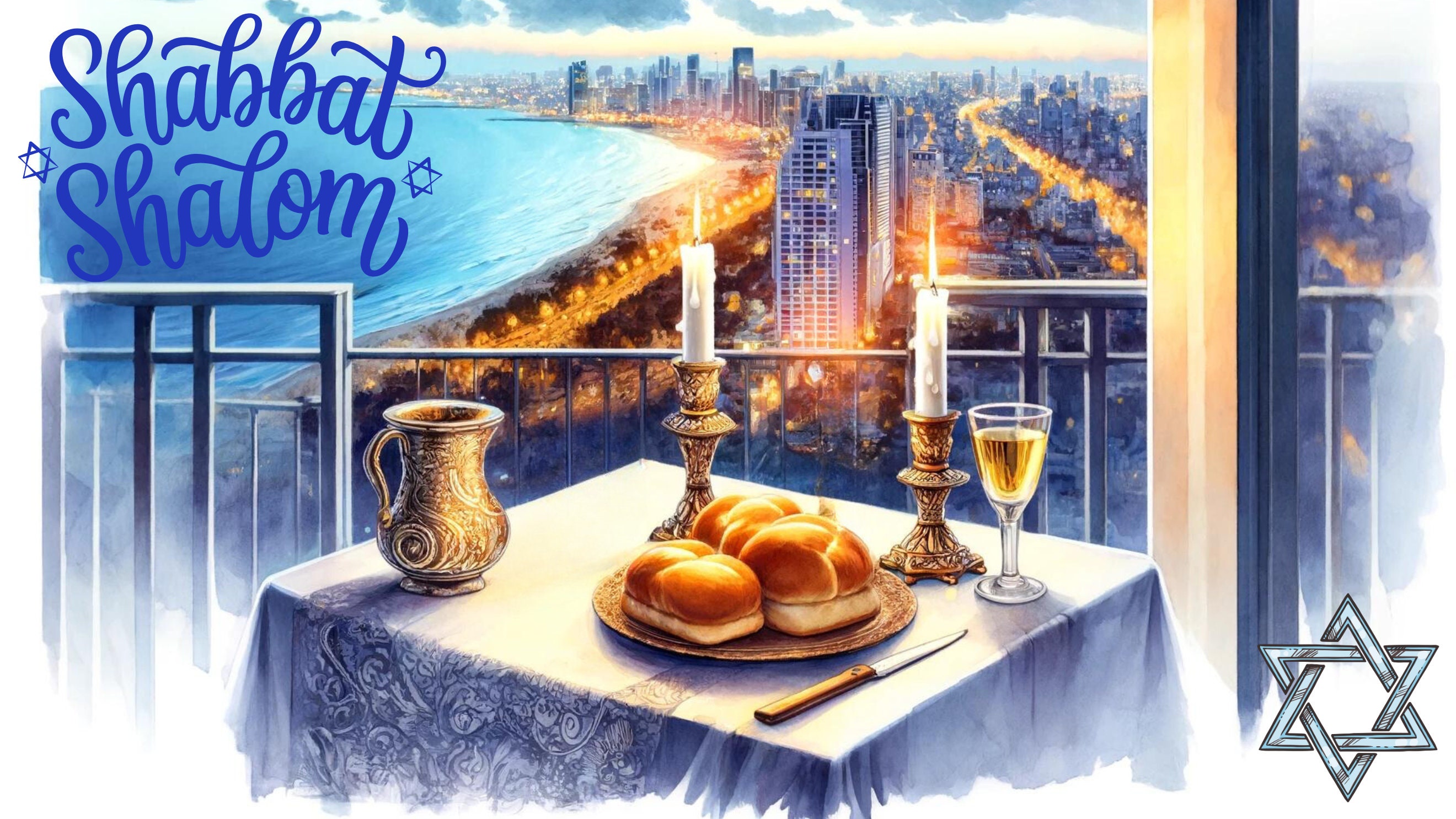 Shabbat Shalom Over Tel Aviv - 3-piece Watercolor Art Set for Samsung ...