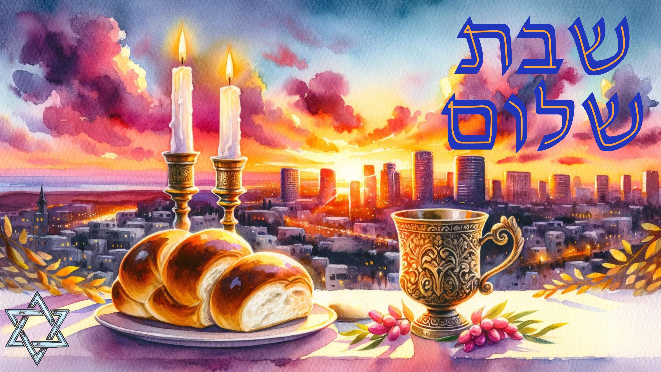 Shabbat Shalom Over Tel Aviv - 3-piece Watercolor Art Set for Samsung ...