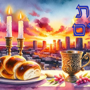 Shabbat Shalom Over Tel Aviv - 3-piece Watercolor Art Set for Samsung ...