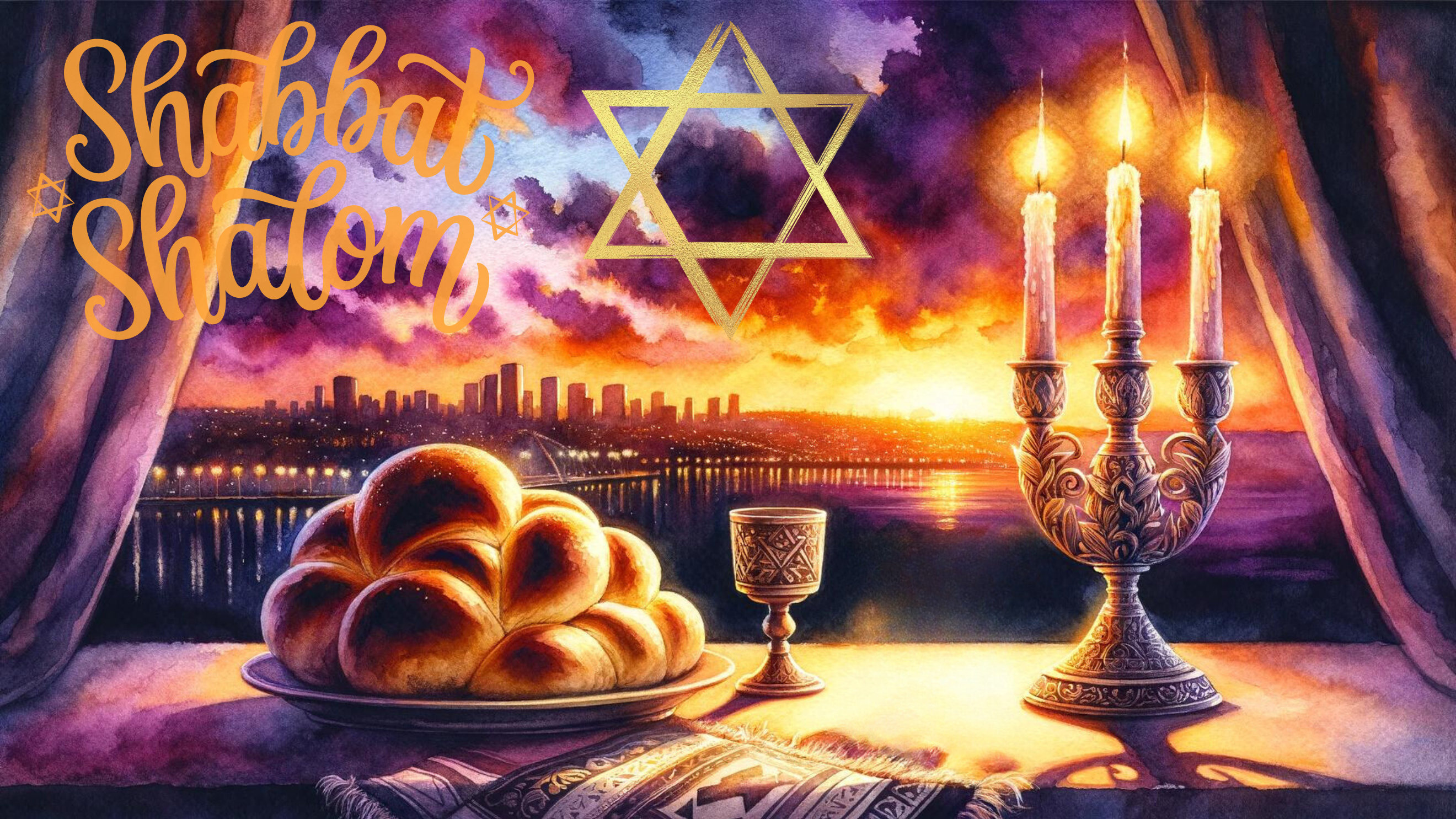 Shabbat Shalom Over Tel Aviv - 3-piece Watercolor Art Set for Samsung ...