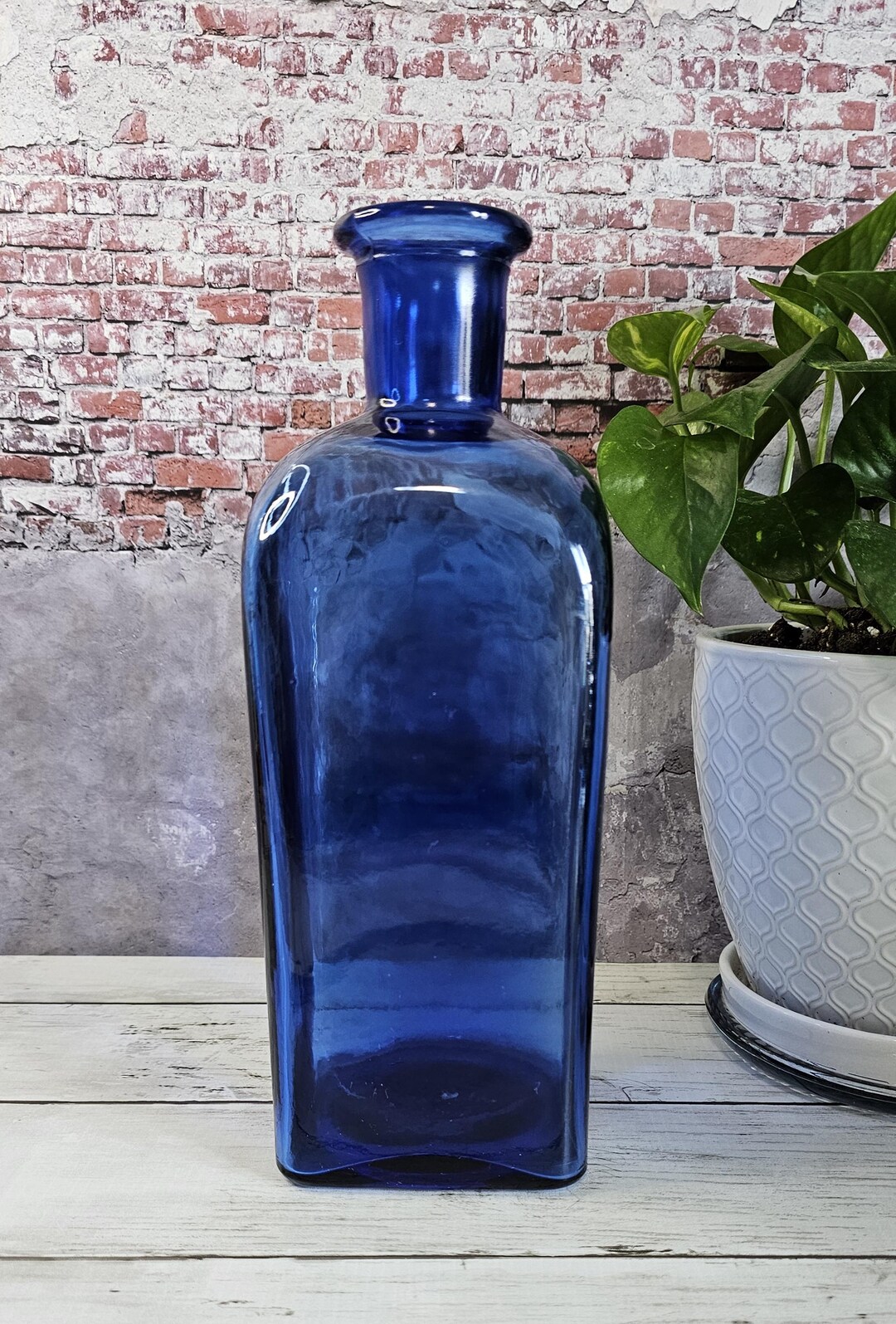 Vintage Large Blue Glass Square Bottle - Etsy