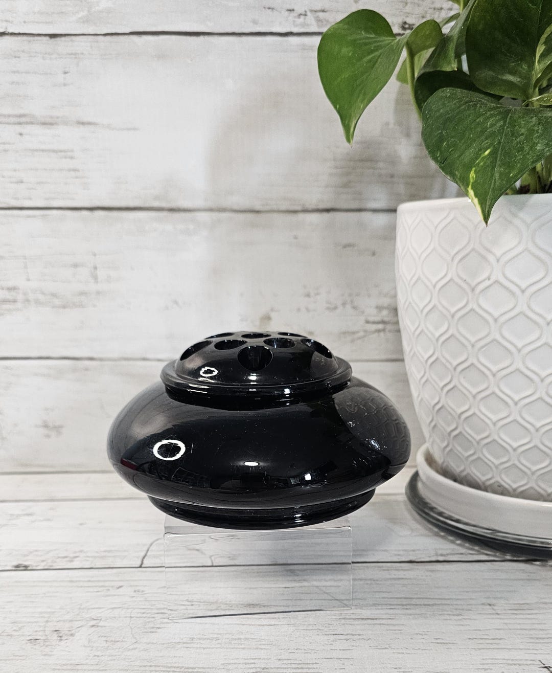 Black Glass Rose Bowl, Floral Arrangement Holder, Flower Frog, Black ...