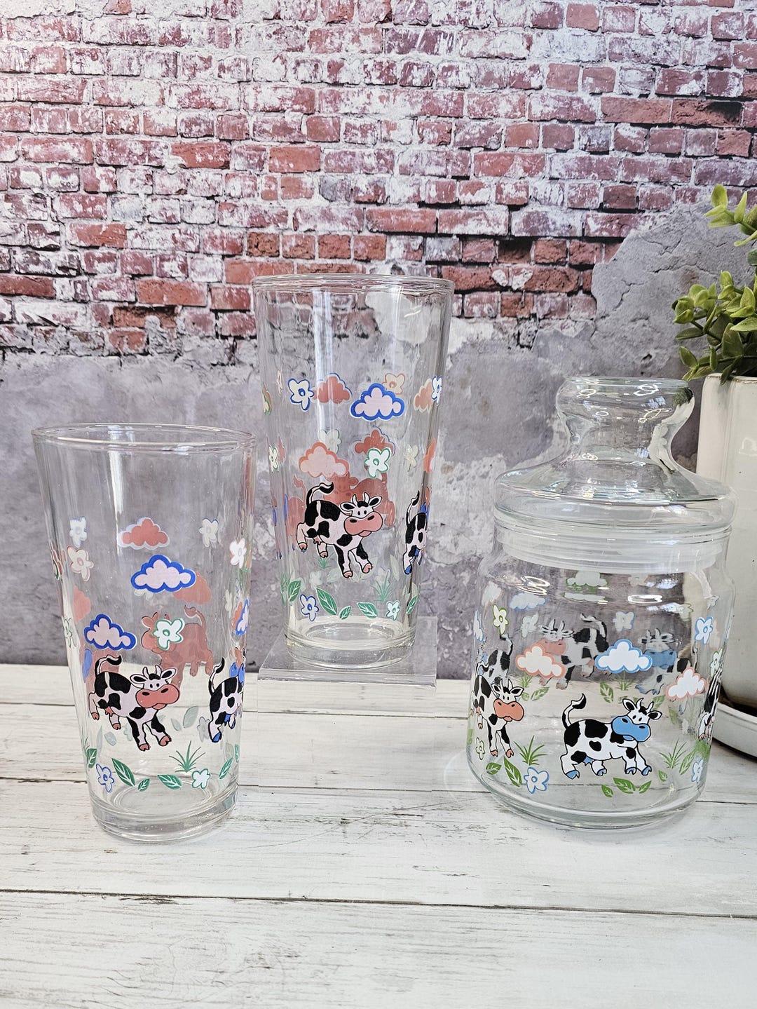 Vintage, Cow Pattern Kitchen Glassware, Set of 3. 2 Beverage Glasses ...