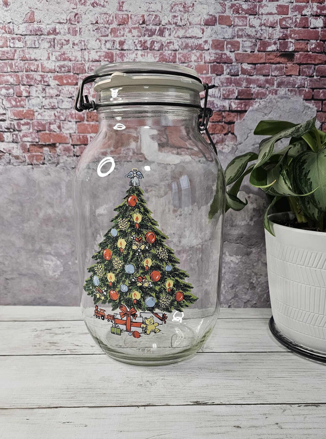 Christmas Flip Top Canister, Clear Glass With Christmas Tree Image - Etsy