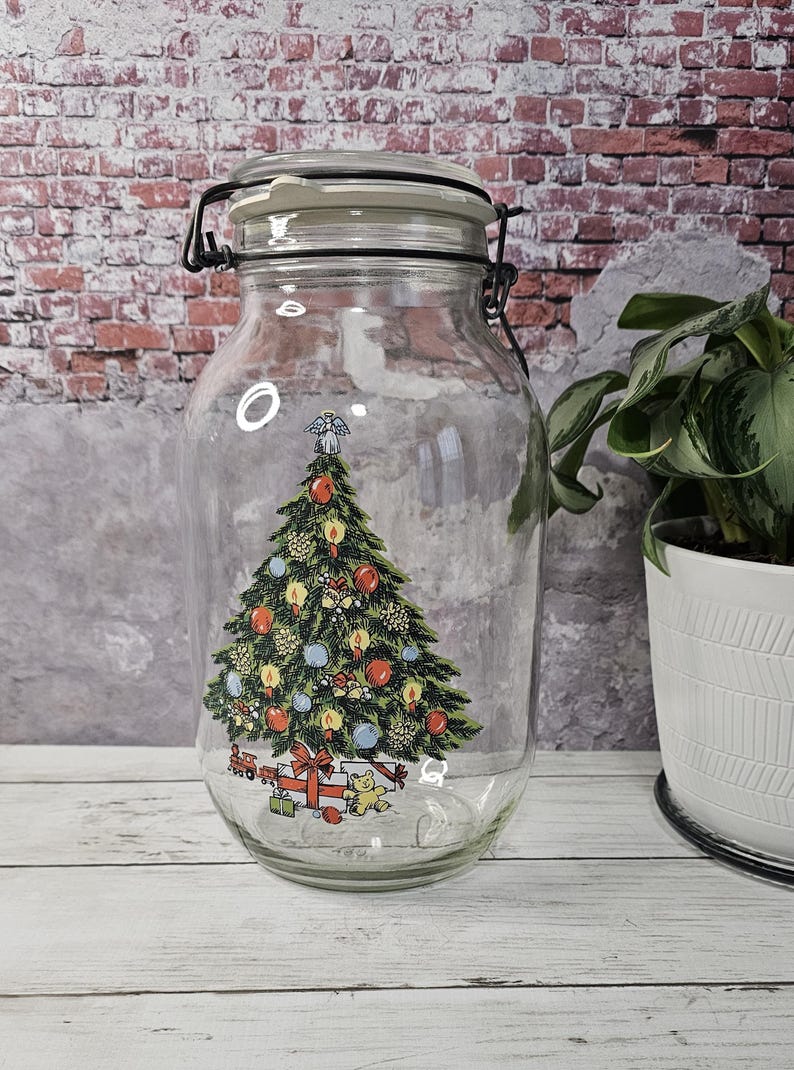 Large Christmas Flip Top Canister or Jar, Clear Glass With Christmas ...