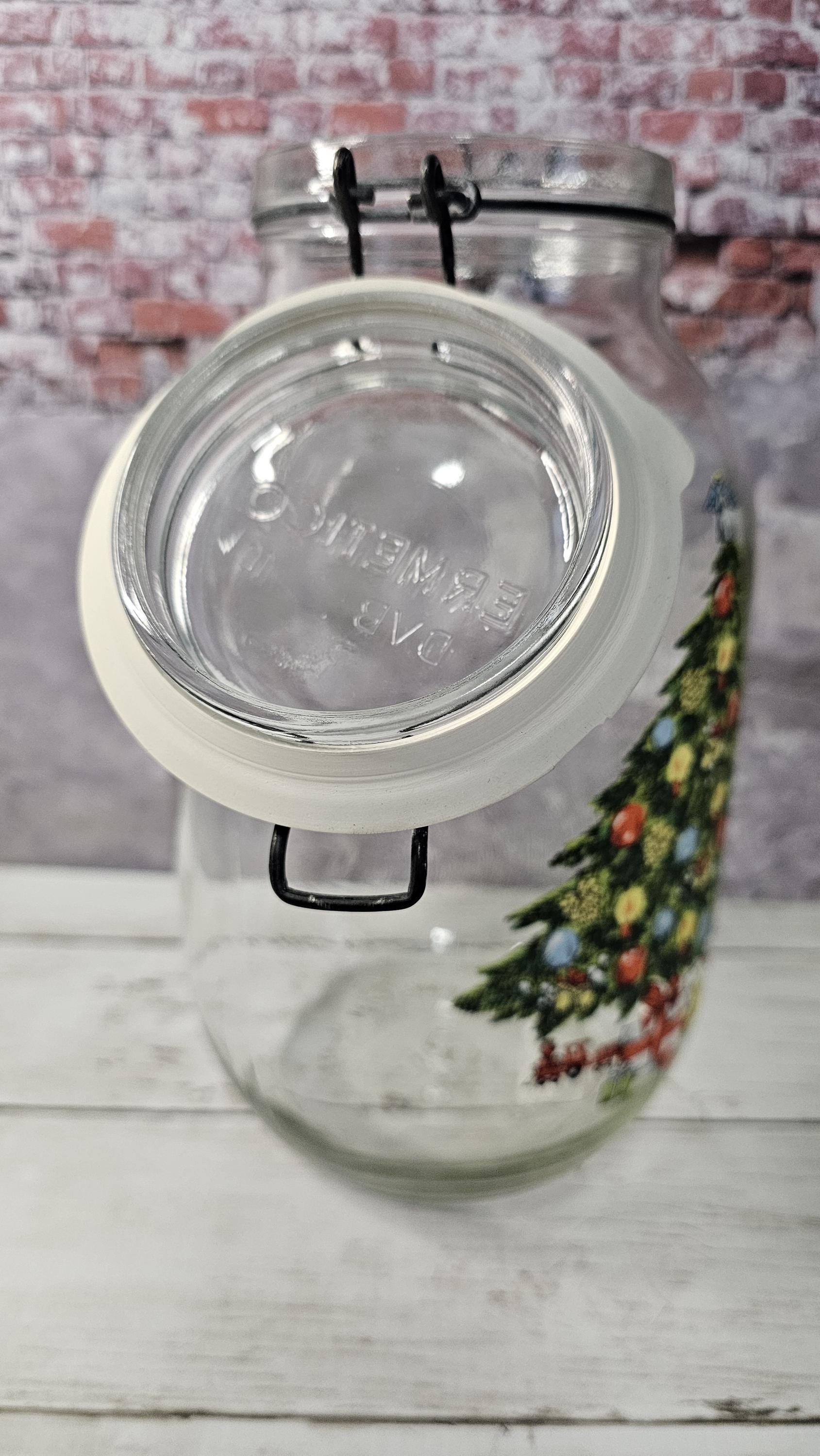 Large Christmas Flip Top Canister or Jar, Clear Glass With Christmas ...