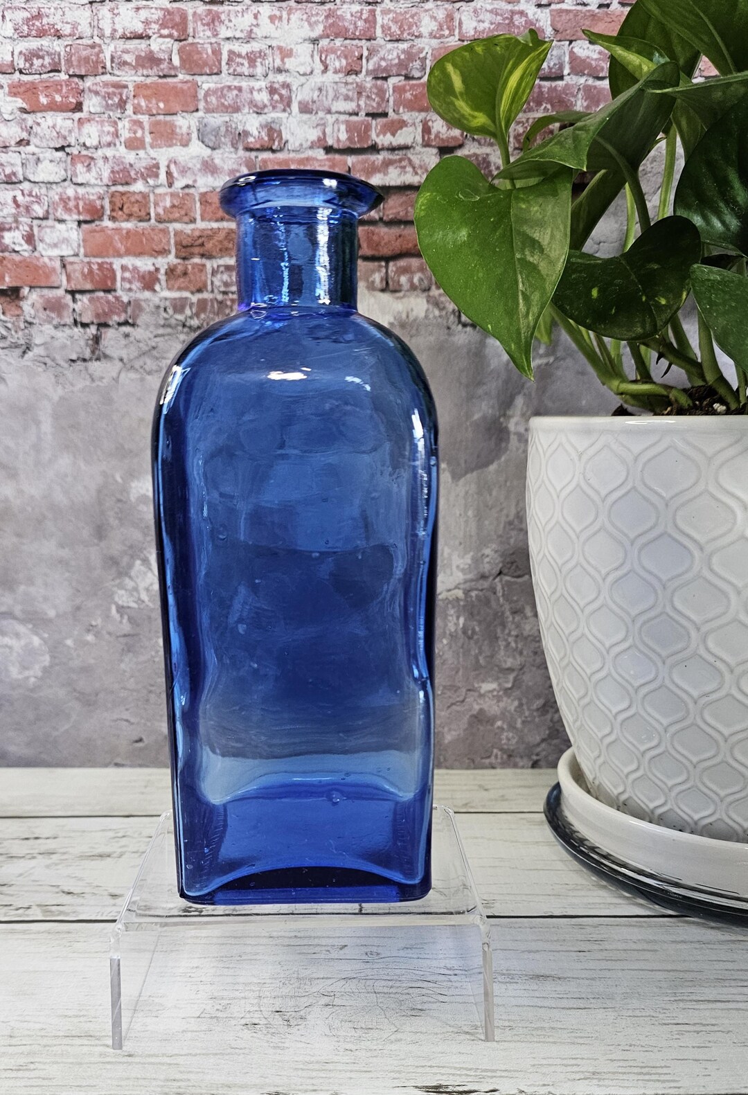 Vintage Blue Glass Square Bottle - Etsy
