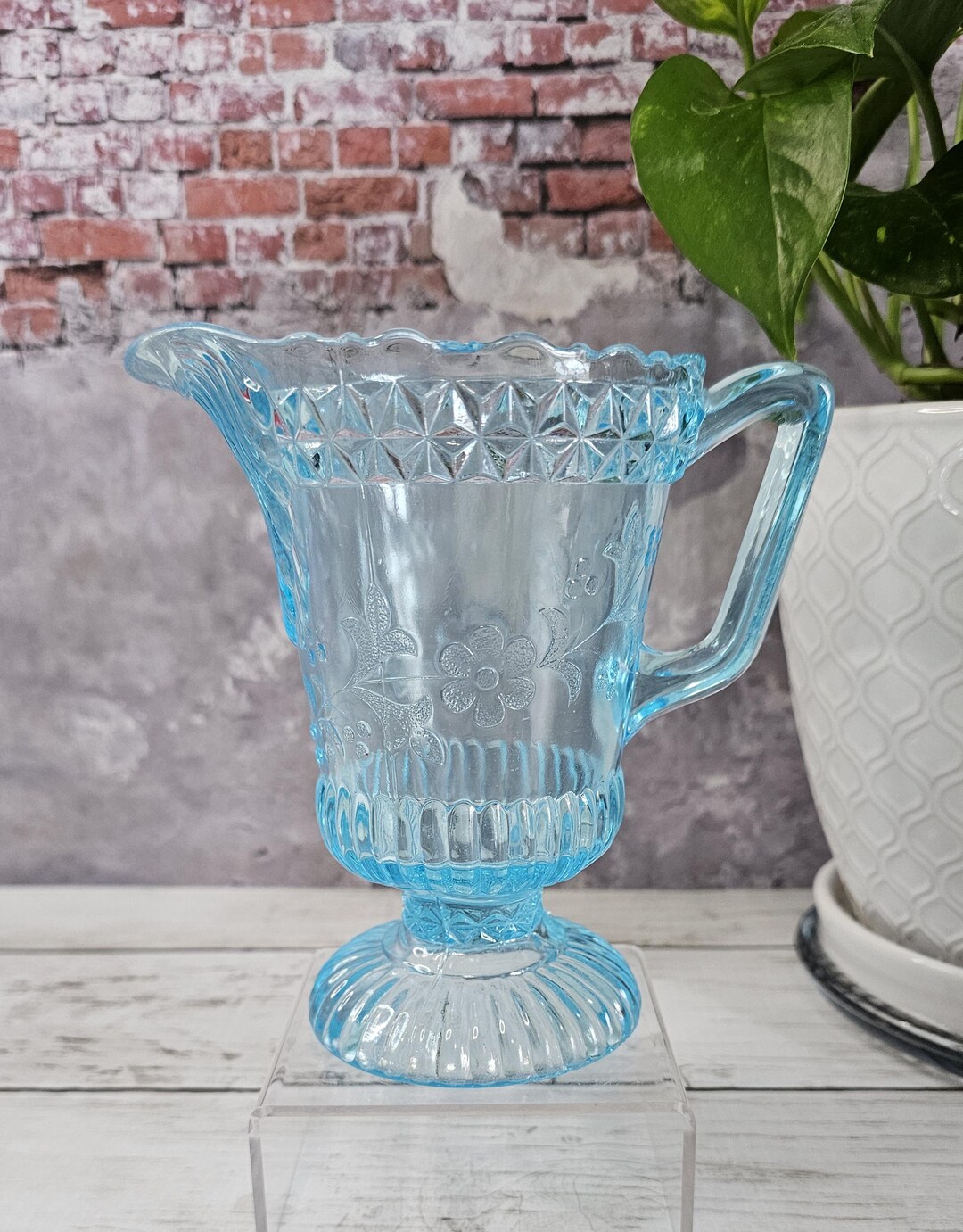 Antique Adams and Company Turquoise Colored Floral Glass Pitcher - Etsy