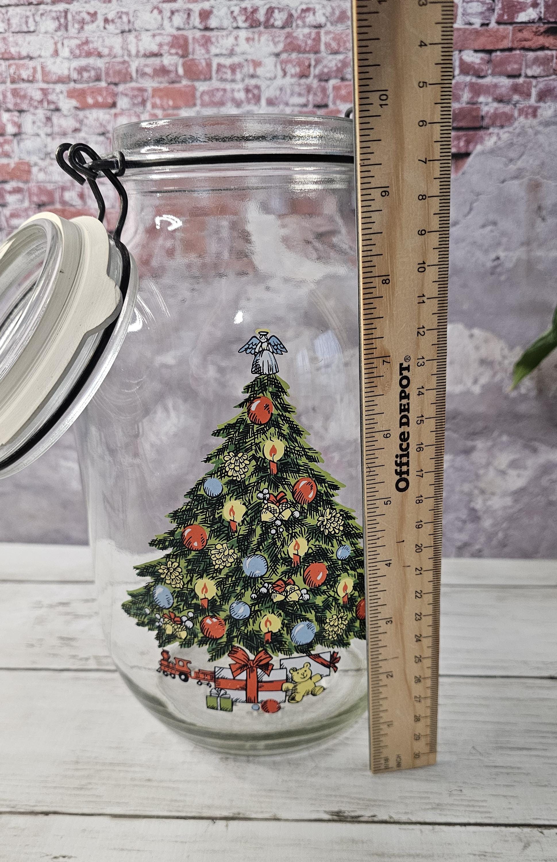 Large Christmas Flip Top Canister or Jar, Clear Glass With Christmas ...